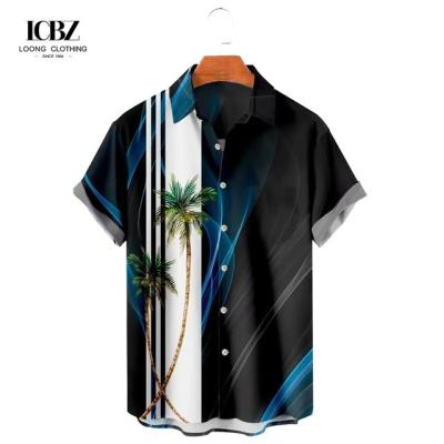 Cina T-shirt da campeggio hawaiano stampato su misura per uomini Allover Logo Design Chiusura a bottone coperto in vendita