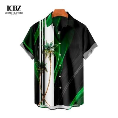 Cina T-shirt da campeggio hawaiano stampato su misura per uomini Allover Logo Design Chiusura a bottone coperto in vendita