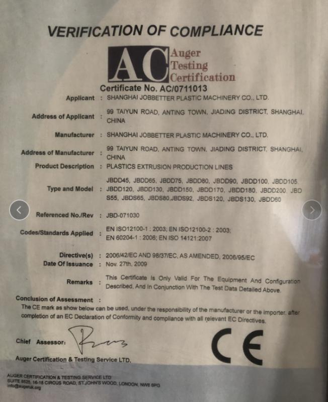 CE - shanghai jobbetter plastic machinery co.ltd