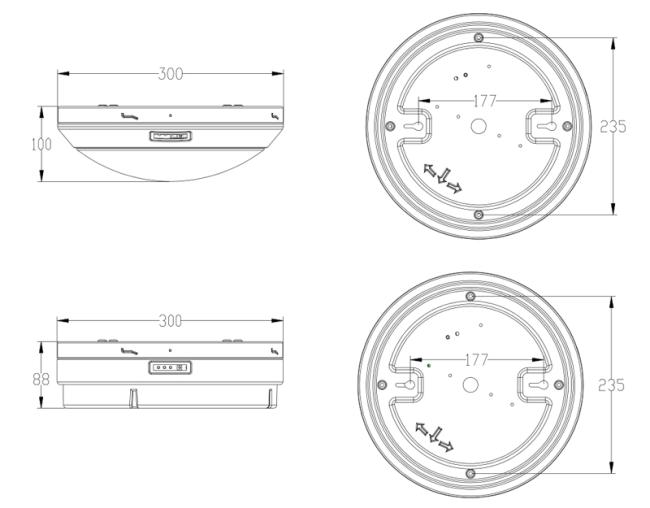 This image shows the COMLED LED Oyster ceiling light, which is available in two shapes (CA and CB): 300*88 mm and 300*100 mm, with a steel housing and a PC diffuser to ensure durability, in accordance with IP65 and IK10 protection ratings. This versatile light fixture offers reliable performance and excellent protection.