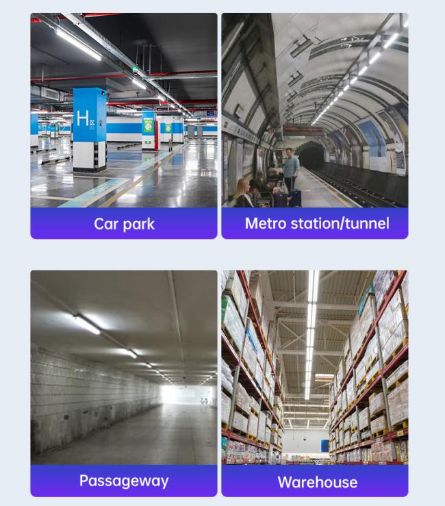This image introduces the application scenarios of the LED Batten Light fixture product, including various commercial and industrial locations such as underground parking lots, subway stations, Passageway, warehouses, and more.