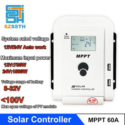 China 12V 24V Auto Dual USB Solar Charging Controller 10A 20A 30A 40A 50A 60A for Lithium Batteries MPPT Solar Charge Regulator for sale