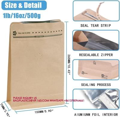 中国 Flat Bottom Pouch with Air Release Valve and Reusable Side Zipper Kraft Paper Coffee Bag 販売のため