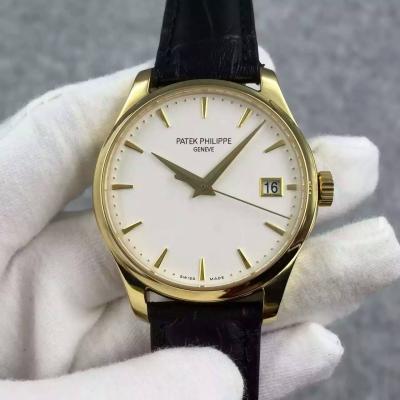 China PP CALATRAVA Automatic Men 39mm Unfold Back Show Movement Yellow Gold Watch Black Leather for sale