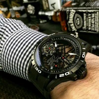 China Roger Dubuis PVD Black Skeleton Tourbillon Mechanical Hand Wind Rubber Strap Watch for sale