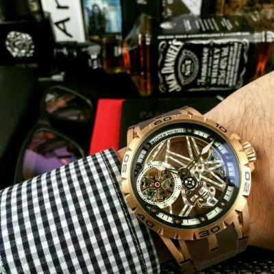 China Roger Dubuis Rose Gold Skeleton Tourbillon Mechanical Hand Wind Rubber Strap Watch for sale