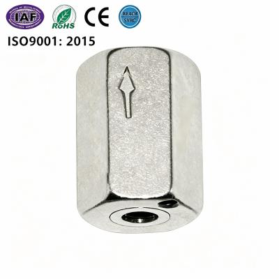 China Hex Cylinder Double-Hole One-Way Cable Gripper Nickel-Plated Copper for Light & Sign Hanging for sale