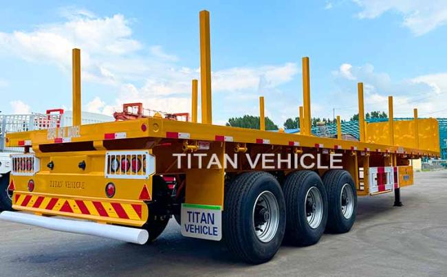 TITAN 3 Axle Flatbed Trailer wilth Columns Wood Log Trailer Timber Trailer Wood Steel Pipe Transport Trailer for Sale