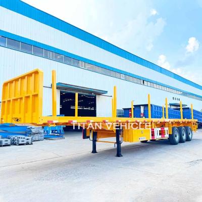 China TITAN 3 Axle Flatbed Trailer wilth Columns Wood Log Trailer Timber Trailer Wood Steel Pipe Transport Trailer for Sale for sale