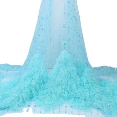 China Latest price stocks available sequin faux beaded trimming feather fabric bohomeian backdrop ostrich feather fabric for sale