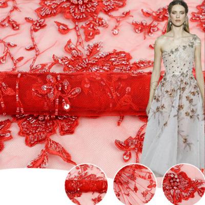 China Hot Sale Beaded Fabric Red Net Fabric Wedding Dress Popular Embroidery Fabric for sale