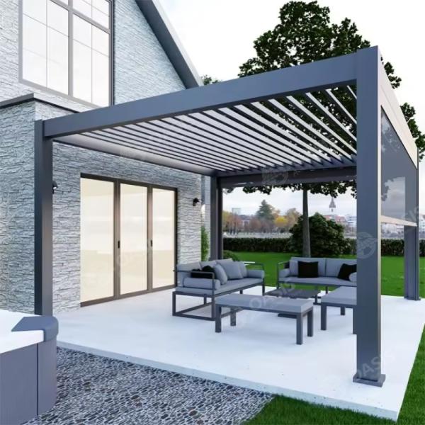 Quality Wind Resist Garden Aluminum Pergola With Louvered Roof And LED Light for sale