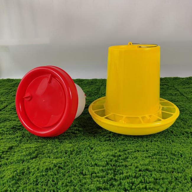 Red and yellow poultry feed bucket in use on a farm
