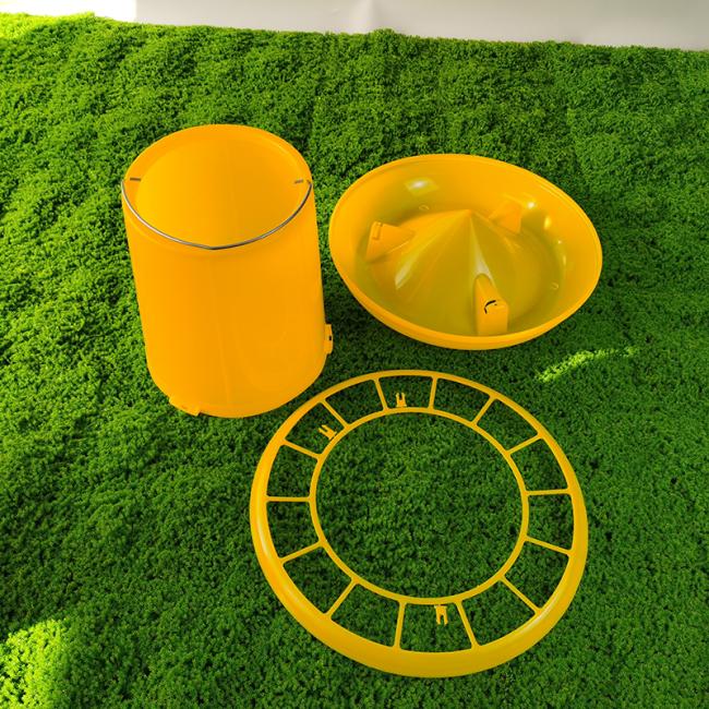 Modern red and yellow poultry feed bucket with ergonomic design