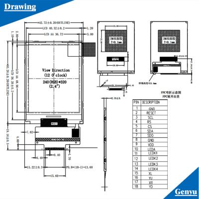 China Viewing Angle 12 0'Clock Genyu 2.4 Inch TFT Spi Screen 240x320 dots ST7789V driver 18pin FPC 2.4" Small TFT Module Display for sale