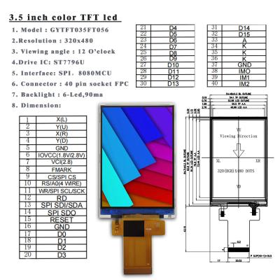 China Module Size 54.48x84.71x3.2 mm 3.5 inch TFT LCD Touch Screen with ST7796 Drive IC and 40 Pin Parallel/SPI Interface for sale