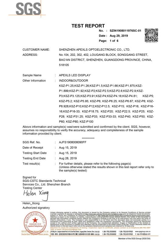 SGS- -LED display screen Test Report - Shenzhen Apexls Optoelectronic Co.,LTD