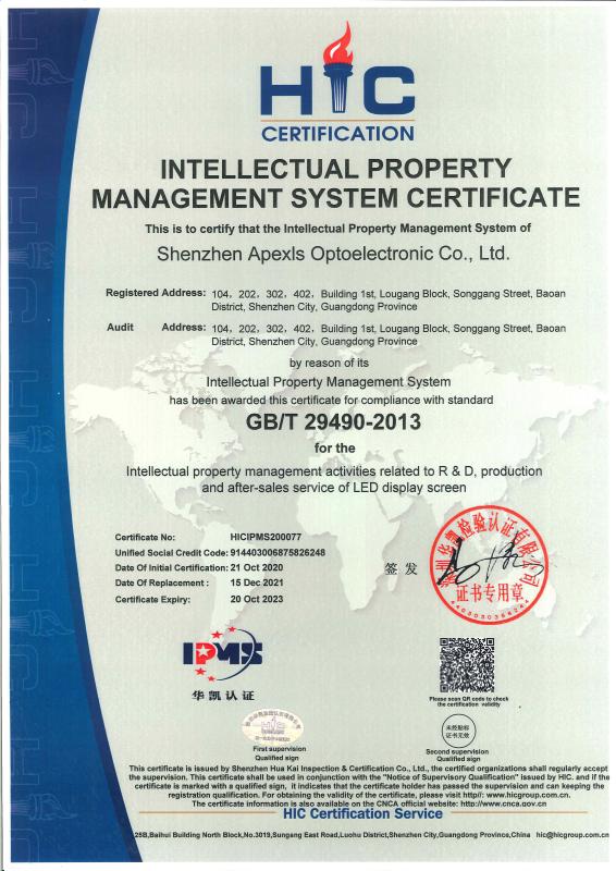 Intellectual Property Management System Certificate - Shenzhen Apexls Optoelectronic Co.,LTD