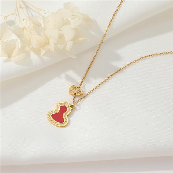 Quality 18K Vacuum Electroplated Stainless Steel Women's Necklace Micropaved Zircon Double Gourd Necklace Stainless Steel Jewelry for sale