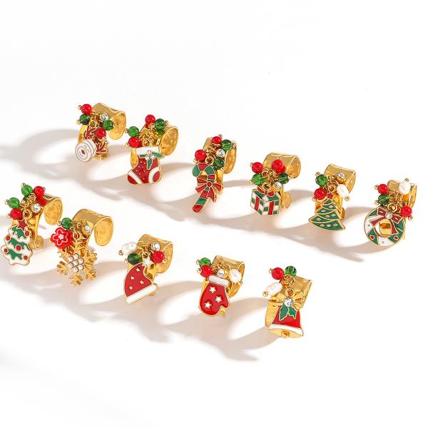 Quality Fashion Popular Stainless Steel Enamel Christmas Tree Stocking Reindeer Snowflake Jewelry Rings 18k Gold Plated Adjustable Ring for sale