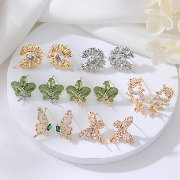 Quality Brass 14K Gold Plated 925 Silver Needle Zircon Dragon Flower Butterfly Enamel Leaf DIY Jewelry Earrings Accessories for sale