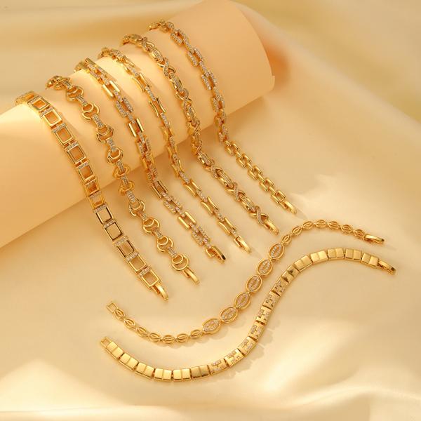 Quality Personalized Trendy Jewelry 14K Gold Plated Brass Zircon Palladium Gold Geometric Ladies Toggle Clasp Link Chain Bracelet for sale