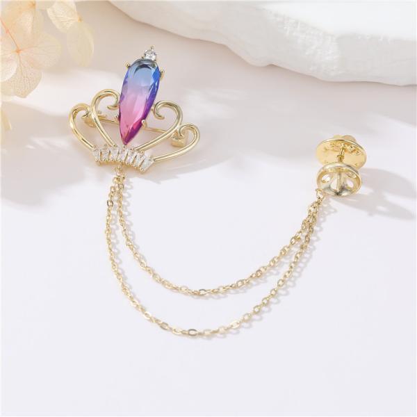 Quality Factory Wholesale Brass Fashionable Highend Zircon Crown Brooch With Chain Retro Highend Suit Sweater Dress Skirt Accessories for sale