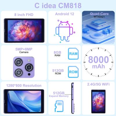 Cina C Idea Portable 8 In Android Tablet PC 8 GB RAM 512 GB Android 12 Tablet IPS HD Display Quad Core CM818-Purple in vendita