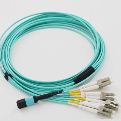 China Aqua MPO/MTP Harness Cable OM3 50/125um Pre - terminated MTP/MPO to LC Fiber optic Jumpers for sale