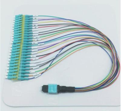 China 12 color 12 cores MPO to LC OM3 fanout fiber patch cord 0.9mm cables for sale