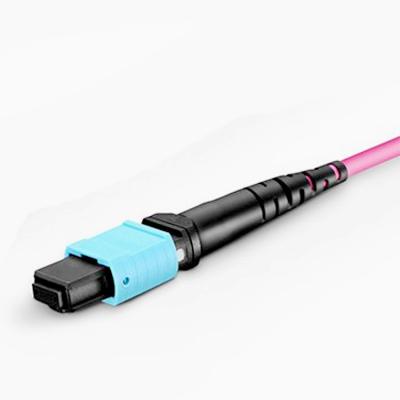 China Purple OM4 purple mpo mtp to LC fiber optic patch cord  Fanout 12 cores for sale