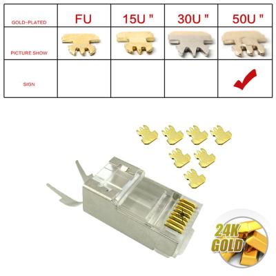 中国 RJ45モジュラー プラグCat7はコネクター8P8Cのめっきされた二つの部分から成った設計50u金を保護した 販売のため