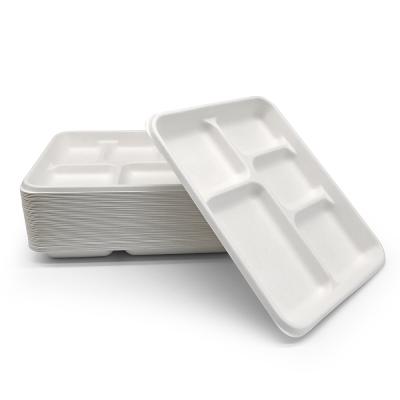 China Compostable Biodegradable Under 90 Day 5 Compartment School Lunch Tray Bagasse Compostable Eco Friendly Paper Dishes for sale