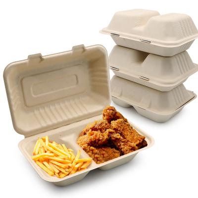 China Within 90 Days Bagasse 2 Compartment Clamshell Box Tableware Biodegradable Certified Biodegradable Fast Food Takeaway Container for sale