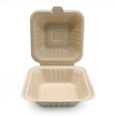 China Clamshell Biodegradable Bagasse Hamburger Takeout Box 6 Inch 100% Biodegradable Food Boxes for sale