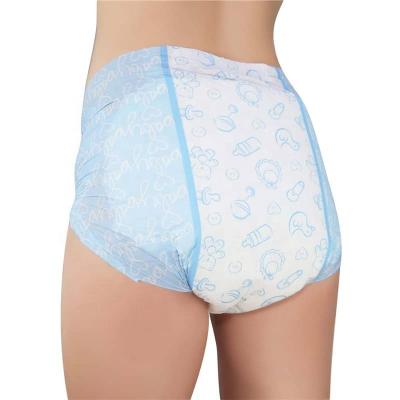 China OEM/ODM Fraldas impressas para adultos com polpa de fluff e folha traseira de filme semelhante a tecido à venda