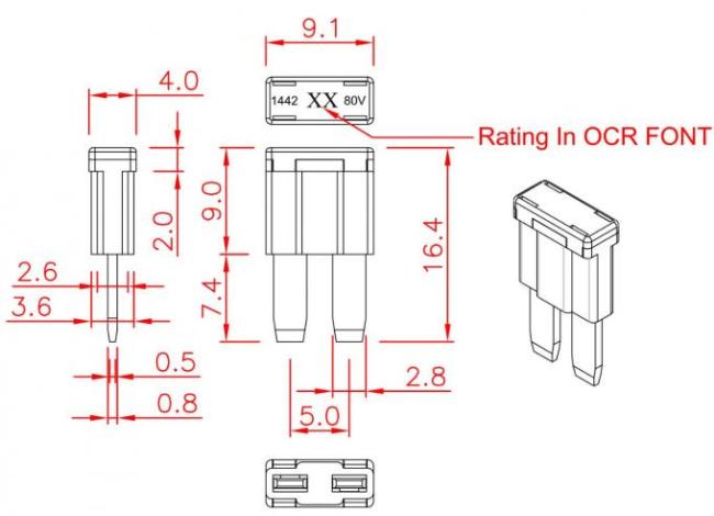 80VDC ATA Tiny Micro2 Style Automotive Blade Fuses Micro 2 Long Leg Plug In Insert Type 1