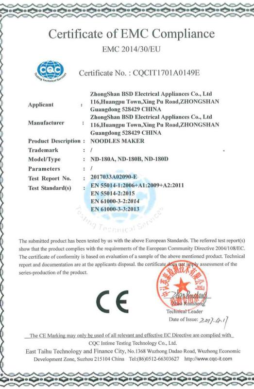 CE-EMC - Zhongshan Boxide Electric Appliance Co Ltd