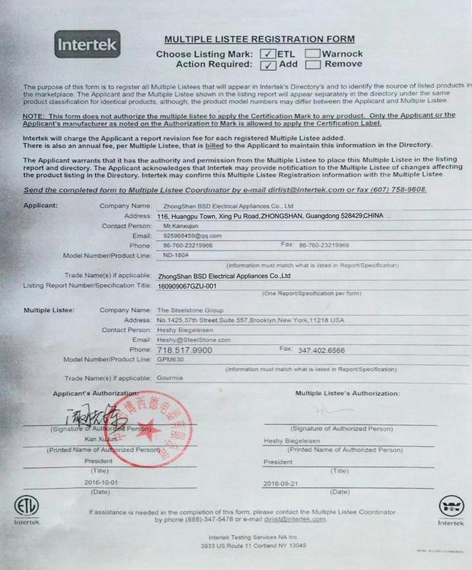 ETL - Zhongshan Boxide Electric Appliance Co Ltd