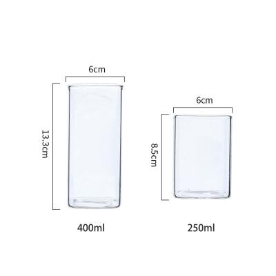 China Vierkante Hoge Borosilicate Gepersonaliseerde Glaskop 250ml 400ml voor Ontbijtmelk Te koop