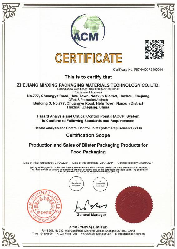 HACCP (Hazard Analysis and Critical Control Point) - Zhejiang Minxing Packaging Materials Technology Co., Ltd.
