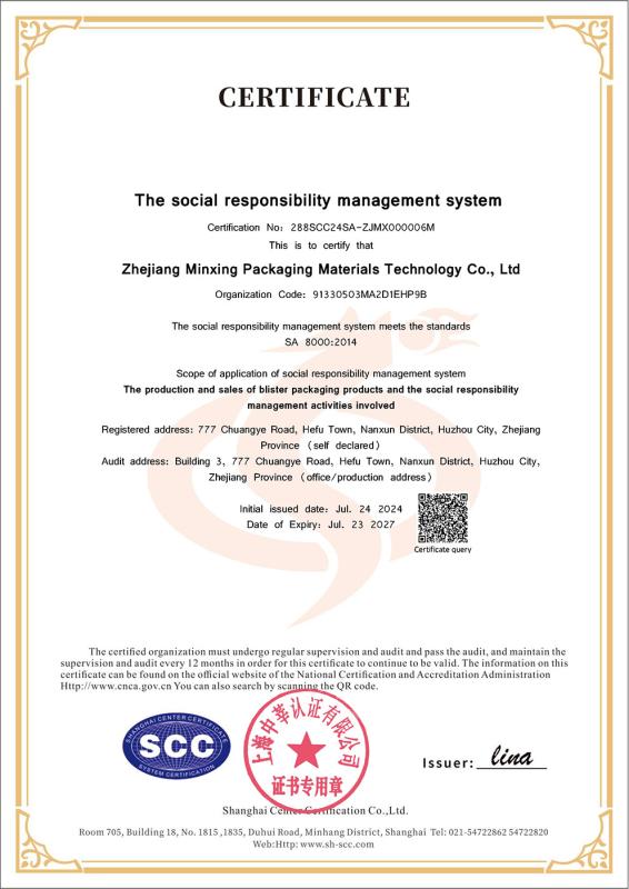 SA 8000: 2014 - Zhejiang Minxing Packaging Materials Technology Co., Ltd.