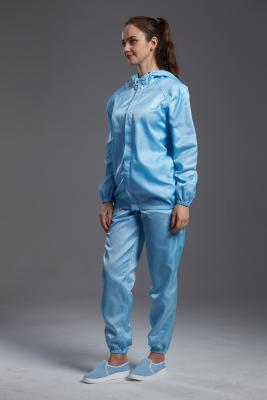 China Blue color antistatic esd cleanroom jacket and pants workwear with hood for class 1000 or higher for sale