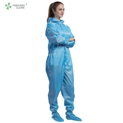 China Anti static ESD autoclavable cleanroom blue hooded coverall with shoes cover for class 100 for sale