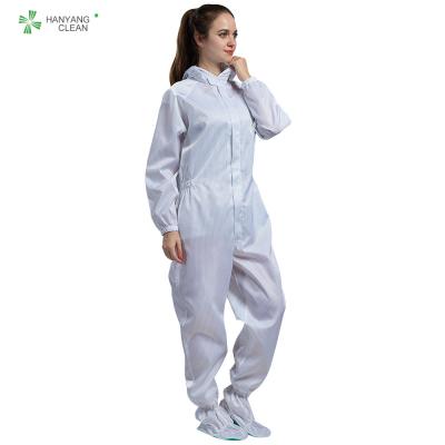 China ESD antistatic 5*5mm stripe carbon fiber cleanroom suit with hood and shoes cover for grade A or B cleanroom for sale
