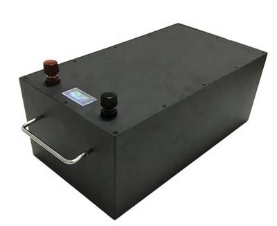 China 48V 100Ah Black Metal Enclosure LiFePO4 Lithium Iron Phosphate Battery Pack, Dual Copper Terminal Studs LCD Voltage Capacity Display, Side Foldable Handle Built-in BMS Deep Cycle Battery for sale