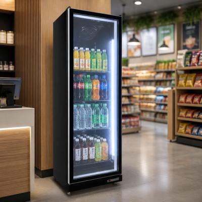 China Upright Glass Door Beverage Cooler with Fan Cooling Digital Temperature Controller and Adjustable Wire Racks for Cafe Store for sale