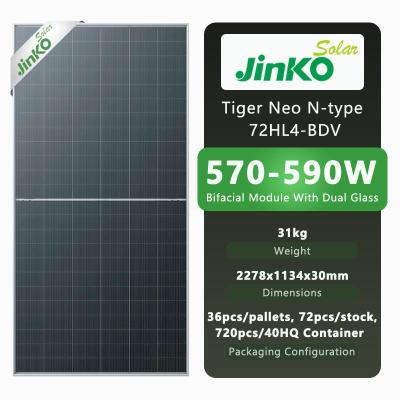 China Jinko Tiger Neo N-type 72HL4-BDV 570w 575w 580w 585w 590w Bifacial Module Achterglas 2.0mm Te koop