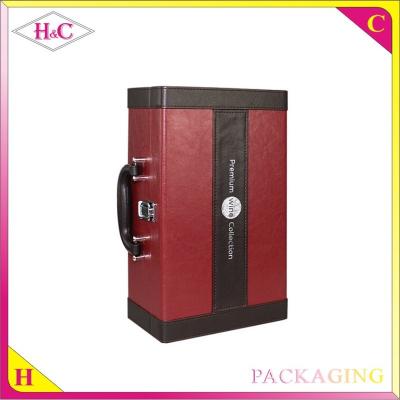 China Handmade luxury pu leather wine bottle box with handle for sale