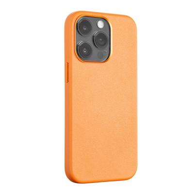 China 15 Pro Max Blue Real Leather Phone Case with Magnetic Metal Buttons and Card Flip Lanyard for sale